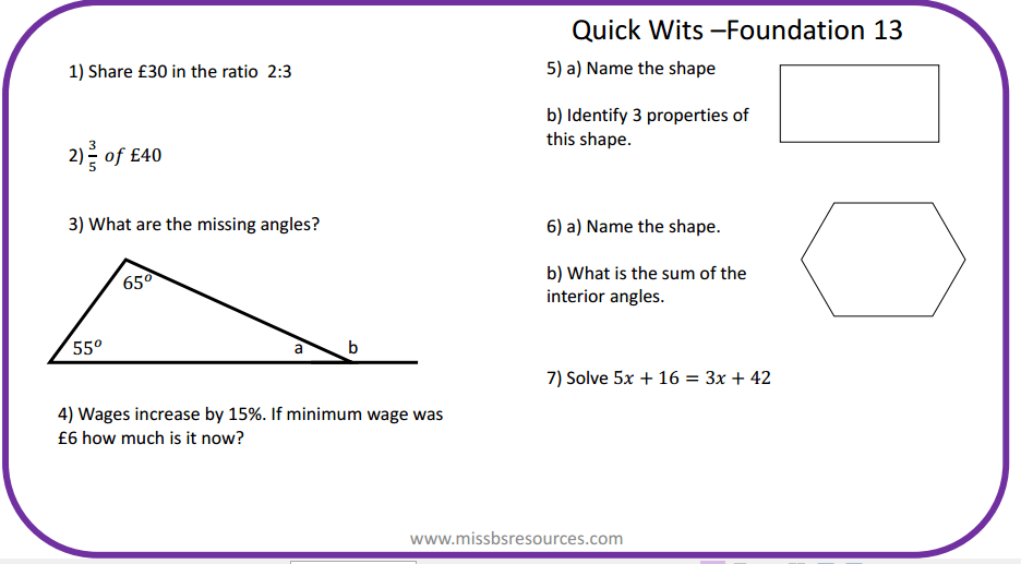 Maths GCSE Quick Wit Revision Resources